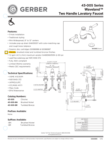 Gerber G0043005 Waveland™ Two Handle Widespread Lavatory Faucet Spec Sheet | Manualzz