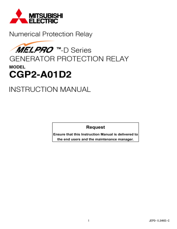Mitsubishi Electric MELPRO-D Series GENERATOR PROTECTION RELAY CGP2-A01D2 Owner's Manual | Manualzz