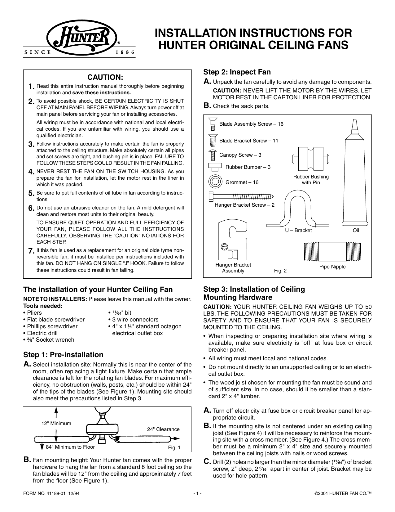 Hunter Original Ceiling Fan Installation Instructions | Shelly Lighting