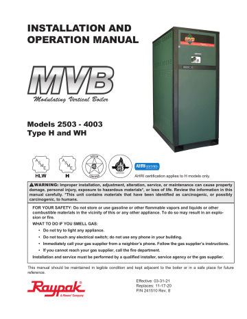 Raypak 2503 - 4003 MVB Vertical Hydronic Boiler Manual | Manualzz
