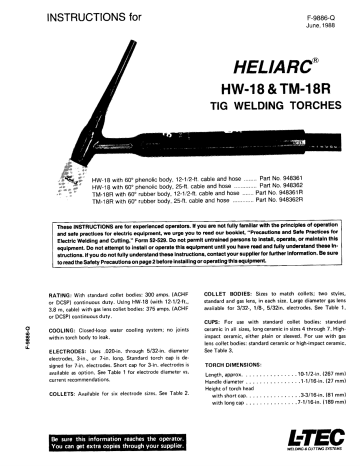ESAB Heliarc HW-18 Tig Welding Torch Troubleshooting instruction | Manualzz
