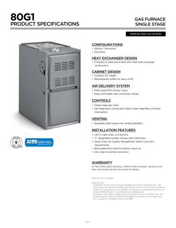Ducane 80G1 Gas Furnace Technical Specifications 规范 | Manualzz