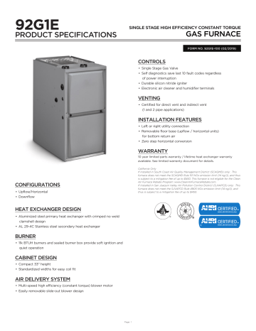 Ducane 92G1E Gas Furnace Technical Specifications 规范 | Manualzz