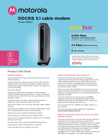 Motorola DOCSIS 3.1 Cable Modem MB8611 Data Sheet | Manualzz