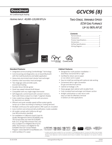 Goodman GCVC96 Gas Furnace Spec Sheet | Manualzz