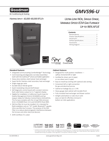 Goodman GMVS96-U Gas Furnace Spec Sheet | Manualzz