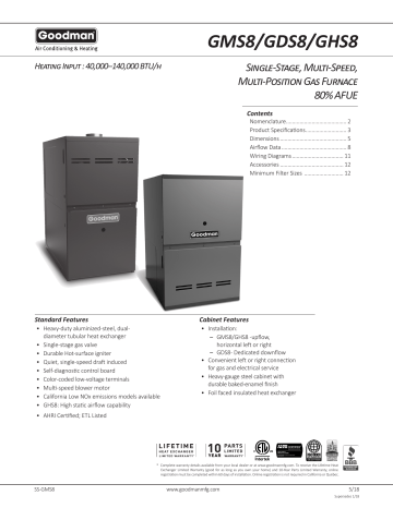 Goodman GHS8 Gas Furnace Spec Sheet | Manualzz
