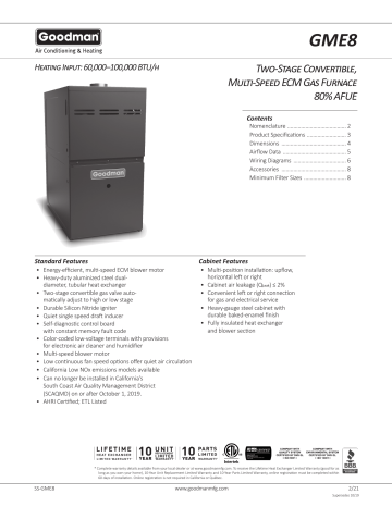 Goodman GME8 Gas Furnace Spec Sheet | Manualzz