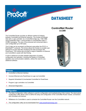 ProSoft Technology A-CNR ProductsControlNet Router Datasheet | Manualzz