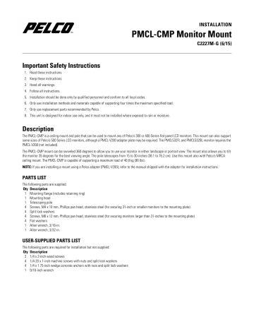 Pelco PMCL-CMP Monitor Mount Installation Manual | Manualzz