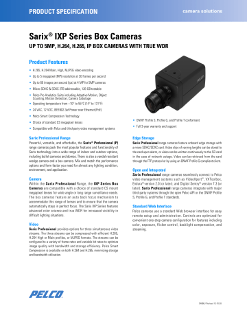 Pelco Sarix Pro 3 Series IXP Box Camera Specification Sheet | Manualzz