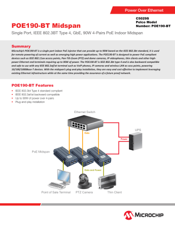 Pelco POE190-BT Midspan Specification Sheet | Manualzz