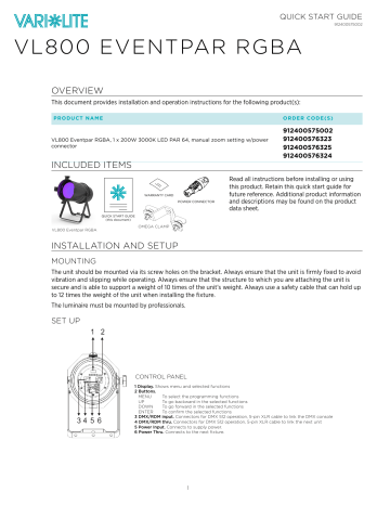 Vari-Lite VL800 EVENTPAR Quick Start Guide | Manualzz