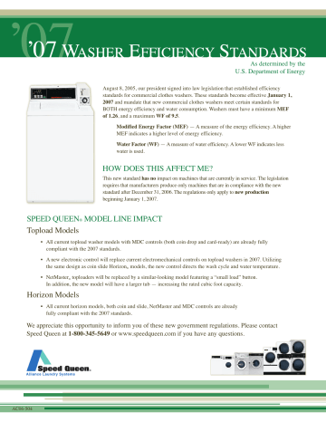 Speed Queen Horizon Specification Sheet | Manualzz