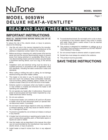 NuTone Heat-A-Ventlite 9093WH Instructions Manual | Manualzz