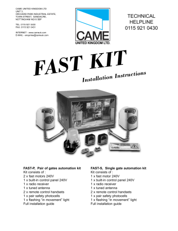 CAME FAST KIT Installation Instructions Manual | Manualzz