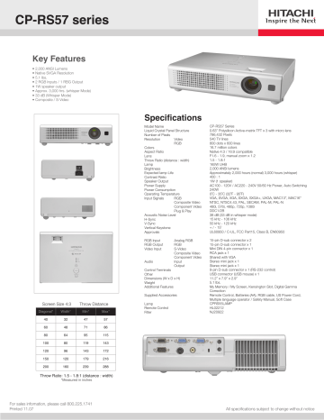 Hitachi CP-RS57 series Specification Sheet | Manualzz
