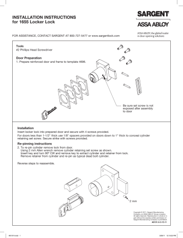 Assa Abloy SARGENT 1655 Installation Instructions | Manualzz