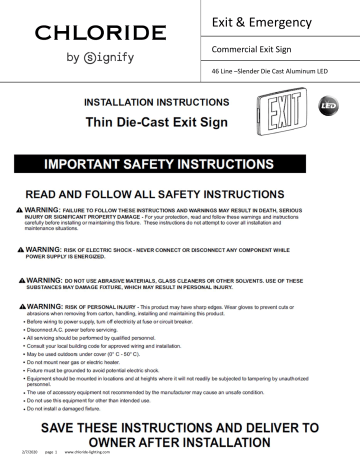 Chloride 46 Series LED Exit Sign Install instructions | Manualzz