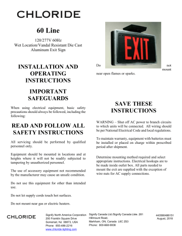 Chloride 60 Series LED Exit Sign Install instructions | Manualzz