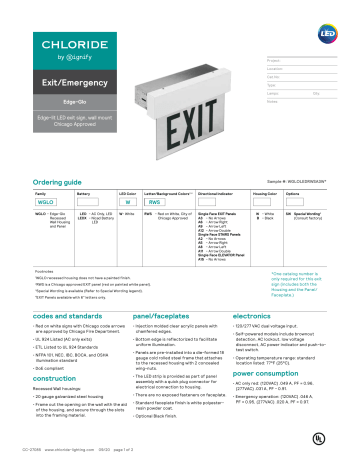 Chloride Edge-Glo Edge-Lit LED Exit Sign Specifications | Manualzz