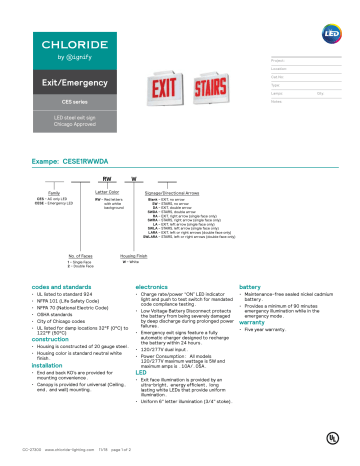 Chloride CES Series Steel LED Exit Sign Specifications | Manualzz
