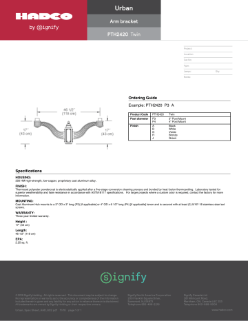 Hadco Post-Top Fixtures - Hub Mounting Arms (PTH Series) Specifications ...