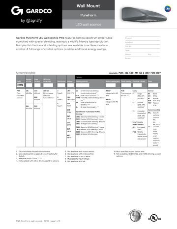 Gardco PureForm LED wall sconce PWS FWC Specifications | Manualzz