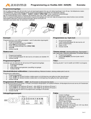 Axema A04 Användarmanual | Manualzz