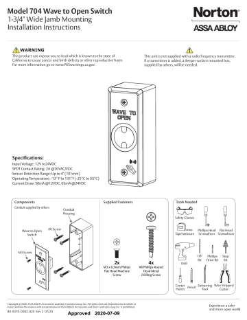 Assa Abloy Norton Wave to Open 704 Installation Instructions | Manualzz
