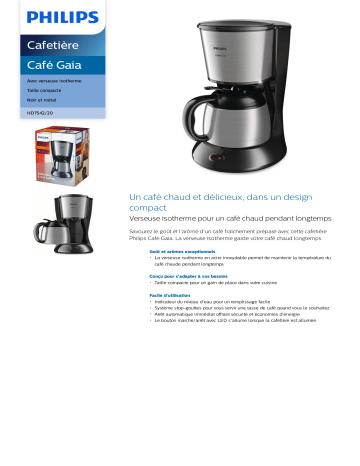 Philips HD7542/20 Café Gaia Cafetière Fiche technique de produit | Manualzz