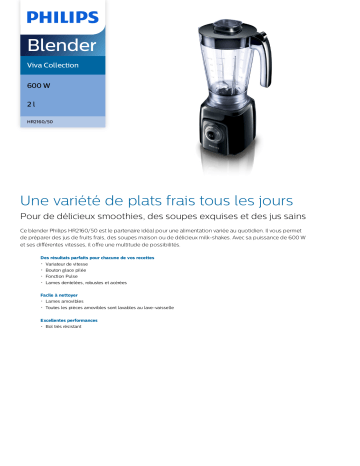 Philips HR2160/50 Blender Fiche technique de produit | Manualzz