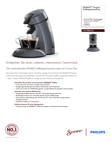 SENSEO® HD7806/50 SENSEO® Original Kaffeepadmaschine Produktdatenblatt | Manualzz