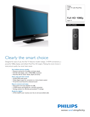 Philips 42PFL3704D/F7 LCD TV Product Datasheet | Manualzz