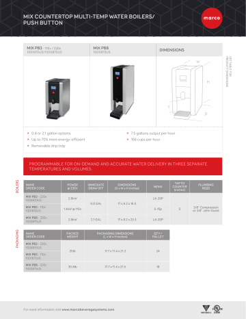 Marco MIX PB3 Water Boiler Spec Sheet | Manualzz