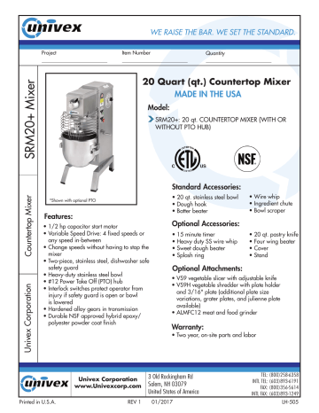 Univex SRM20+ Planetary Mixer Spec Sheets | Manualzz