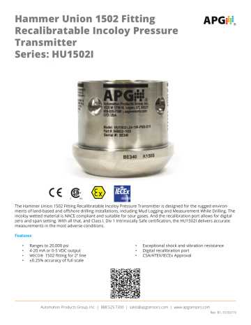 APG HU1502I Pressure Transducer Datasheet | Manualzz