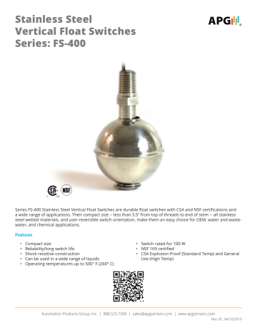 APG FS-400 Float Switch Datasheet | Manualzz
