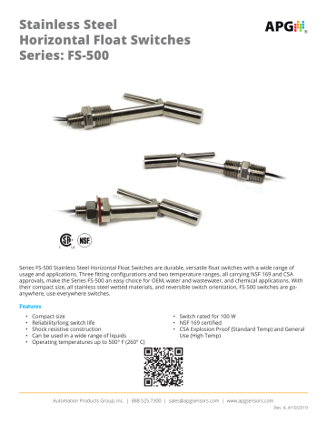 APG FS-500 Float Switch Datasheet | Manualzz