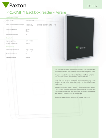Paxton DS1017 PROXIMITY Backbox reader – MIFARE ® Data Sheet | Manualzz
