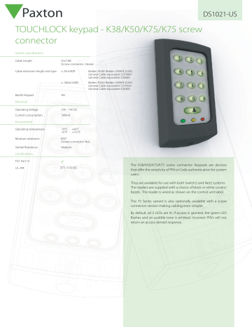 Paxton DS1021 TOUCHLOCK keypad – K38 Data Sheet | Manualzz