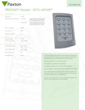 Paxton DS1058 KP75 MIFARE ® proximity reader Data Sheet | Manualzz