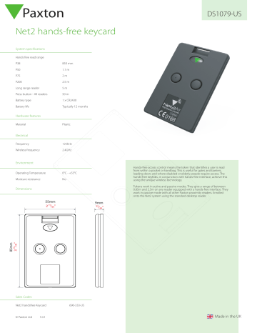 Paxton DS1079 Net2 hands-free keycard Data Sheet | Manualzz