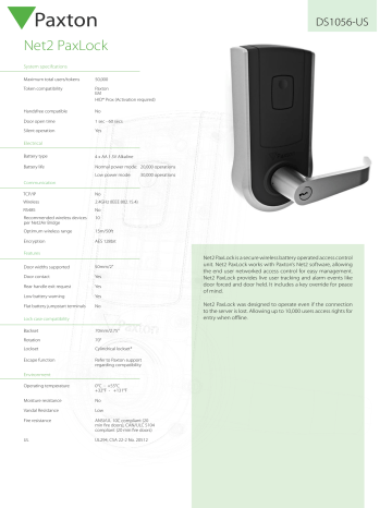 Paxton DS1056 Net2 PaxLock Data Sheet | Manualzz