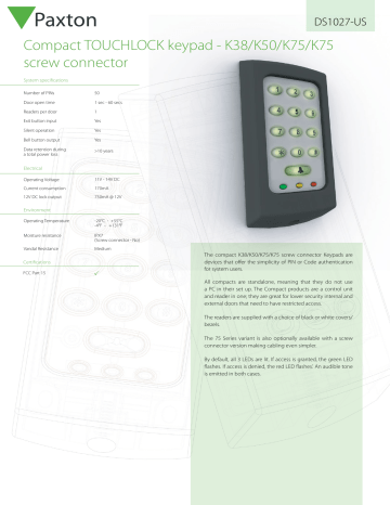 Paxton DS1027 Compact TOUCHLOCK keypad – K38 Data Sheet | Manualzz