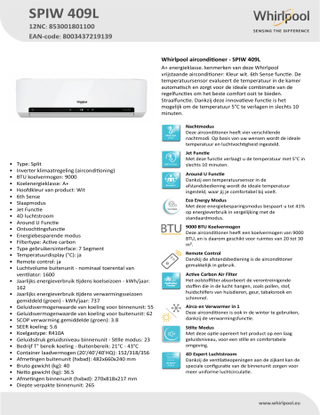Whirlpool SPIW 409L Air Conditioner Product Data Sheet | Manualzz