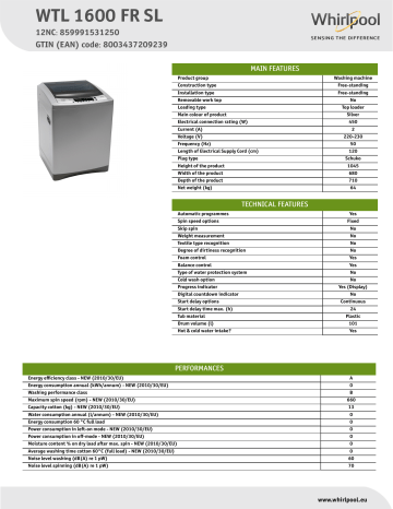Whirlpool WTL 1600 FR SL Washing machine Product Data Sheet | Manualzz