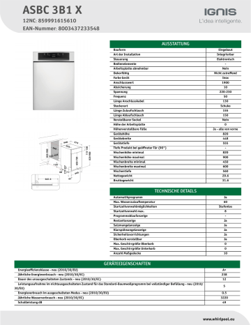 Ignis ASBC 3B1 X Dishwasher Product Data Sheet | Manualzz