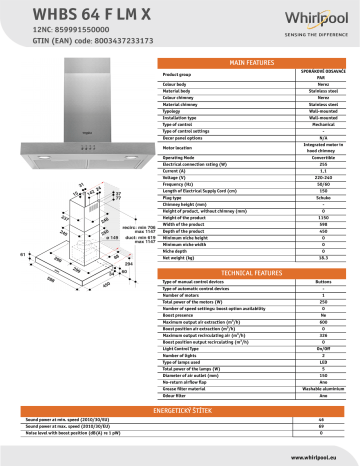 Whirlpool WHBS 64 F LM X Hood Product Data Sheet | Manualzz