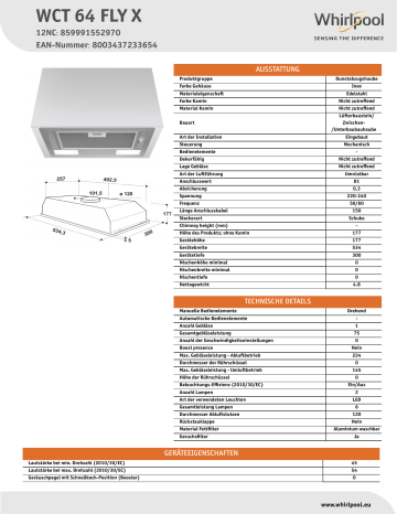 Whirlpool WCT 64 FLY X Hood Product Data Sheet | Manualzz